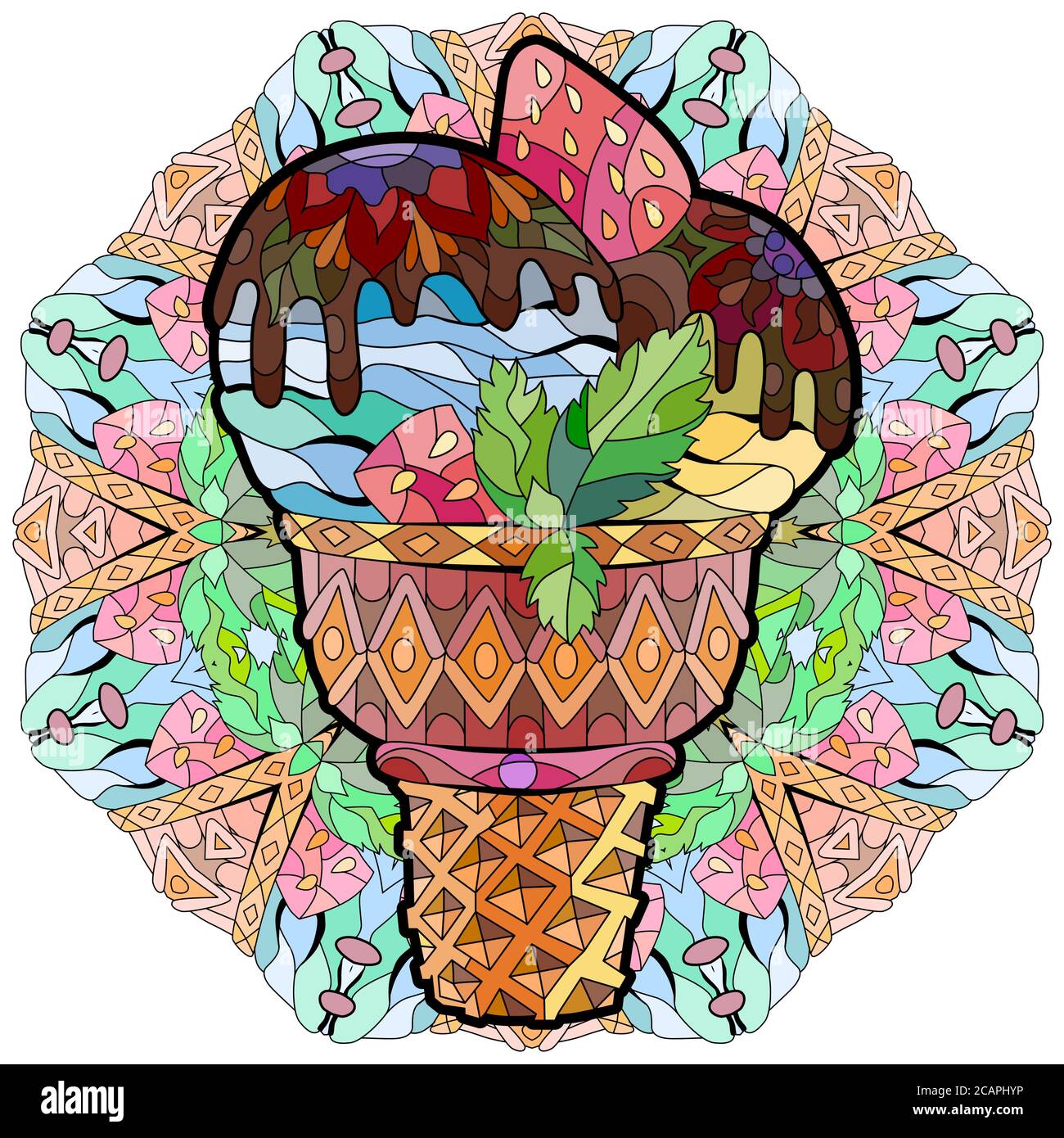 Hand drawn colorful zentangle ice cream illustration with mandala Stock ...