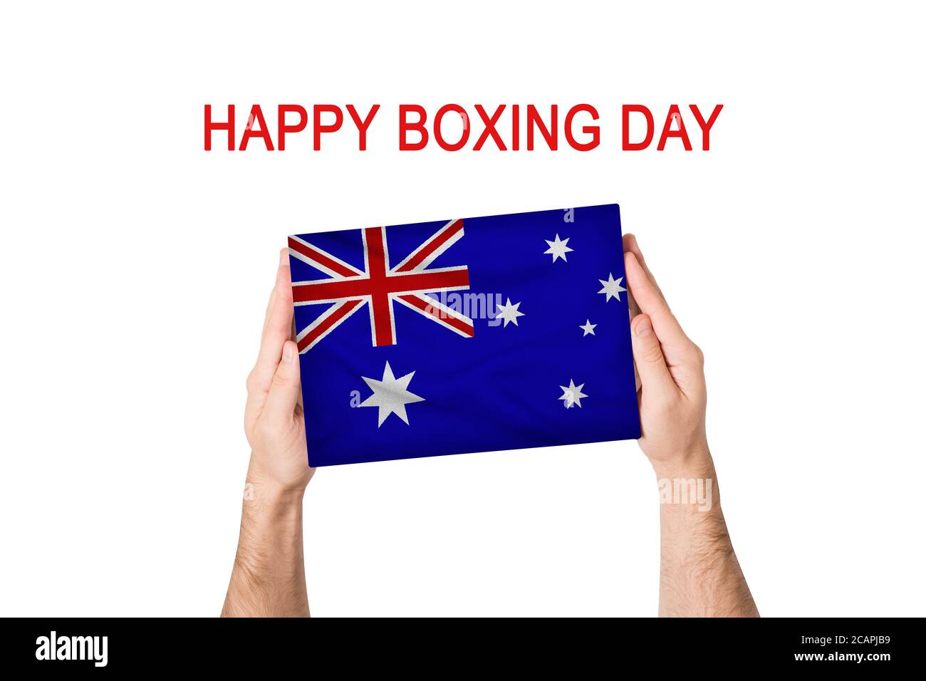 Happy boxing day. Box with Australia flag in male hands. White ...