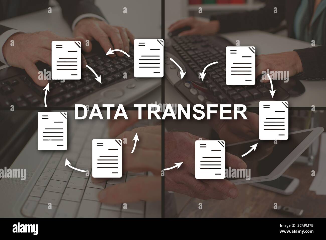 Data transfer concept illustrated by pictures on background Stock Photo ...