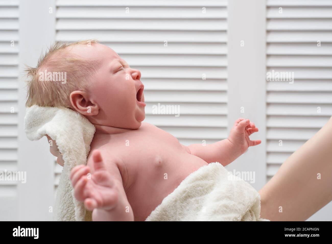 Crying blond baby without clothes. Infant colic. On hands, white ...