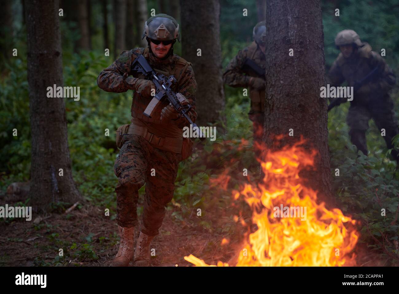 Soldier in Action at Night in the Forest Area. Night Time Military ...
