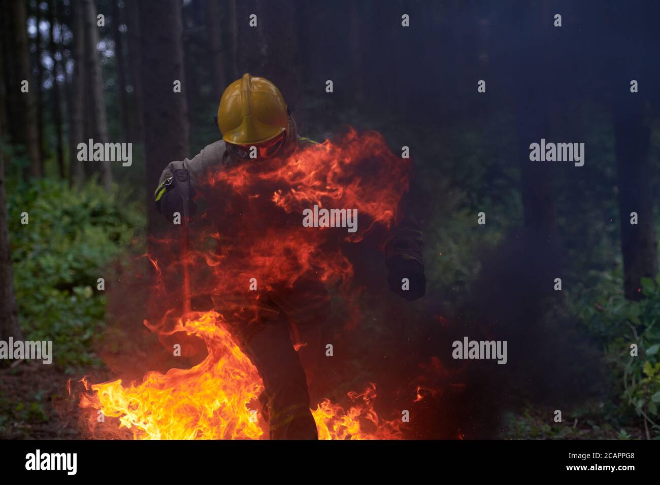 firefighter hero in action danger jumping over fire flame to rescue and ...