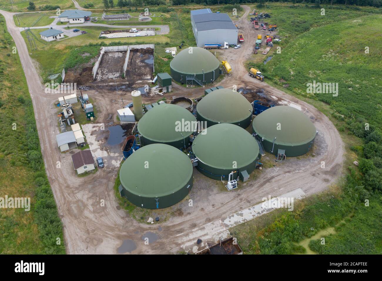 Aerial view of green biogas plant storage tanks Stock Photo - Alamy