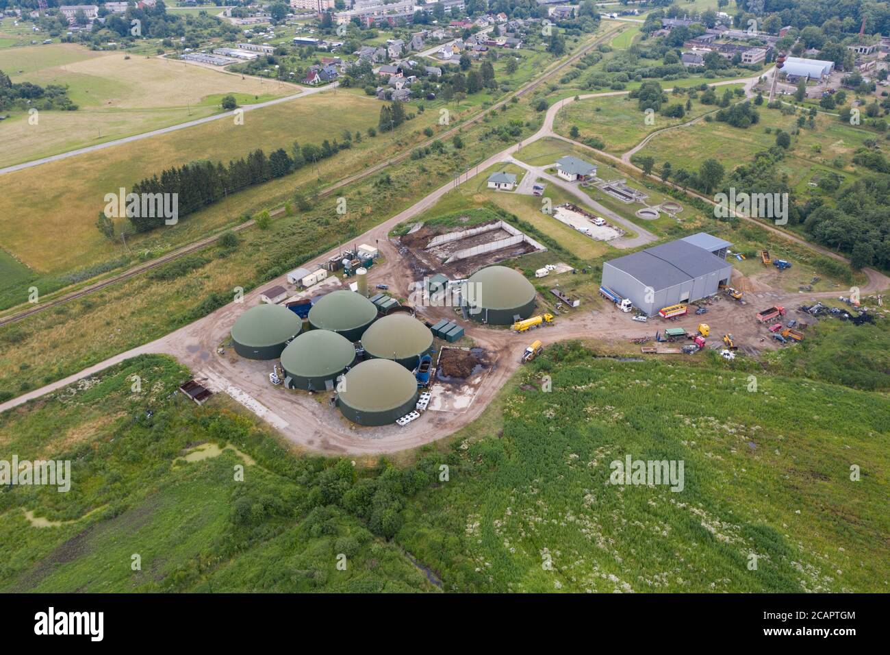 Aerial view of green biogas plant storage tanks Stock Photo - Alamy