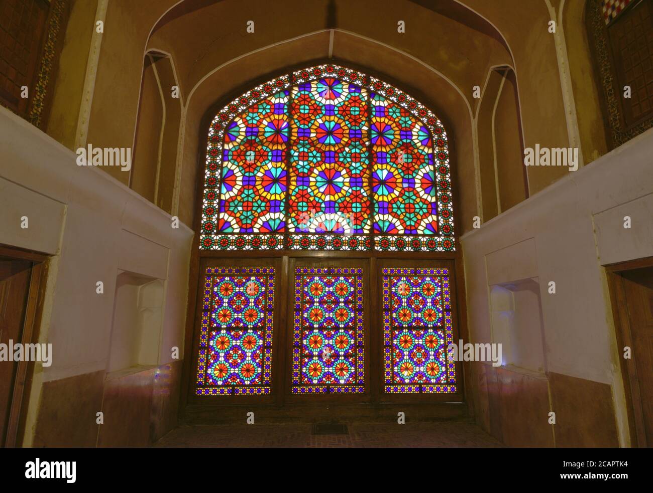 Colorful stained glass window pavilion of landmark Persian garden of ...