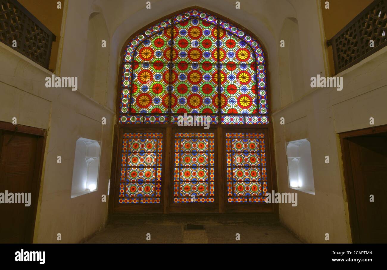 Colorful stained glass window pavilion of landmark Persian garden of ...