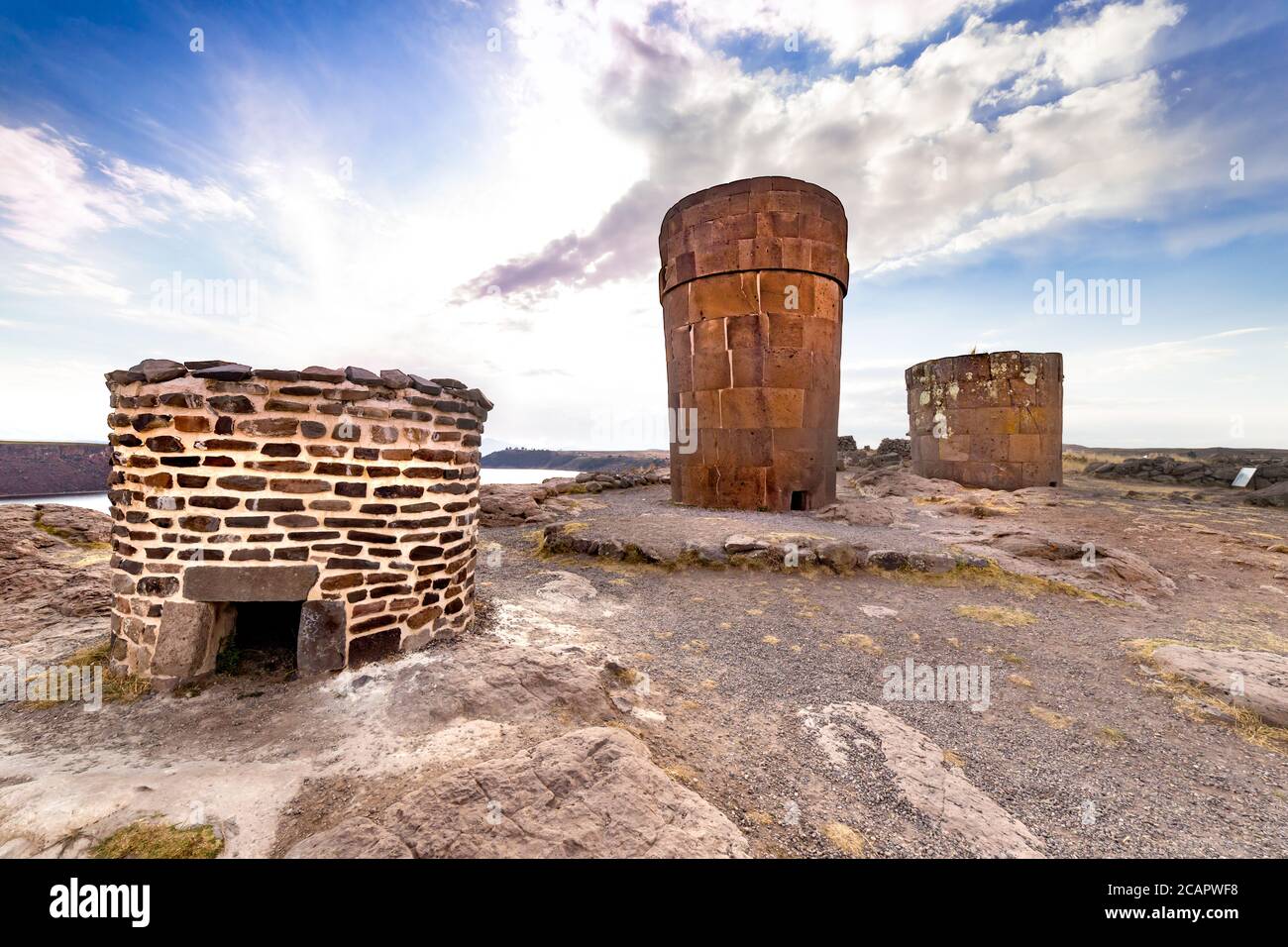 Burial Towers (Chullpas) at the archaelogical Site of Sillustani on the ...