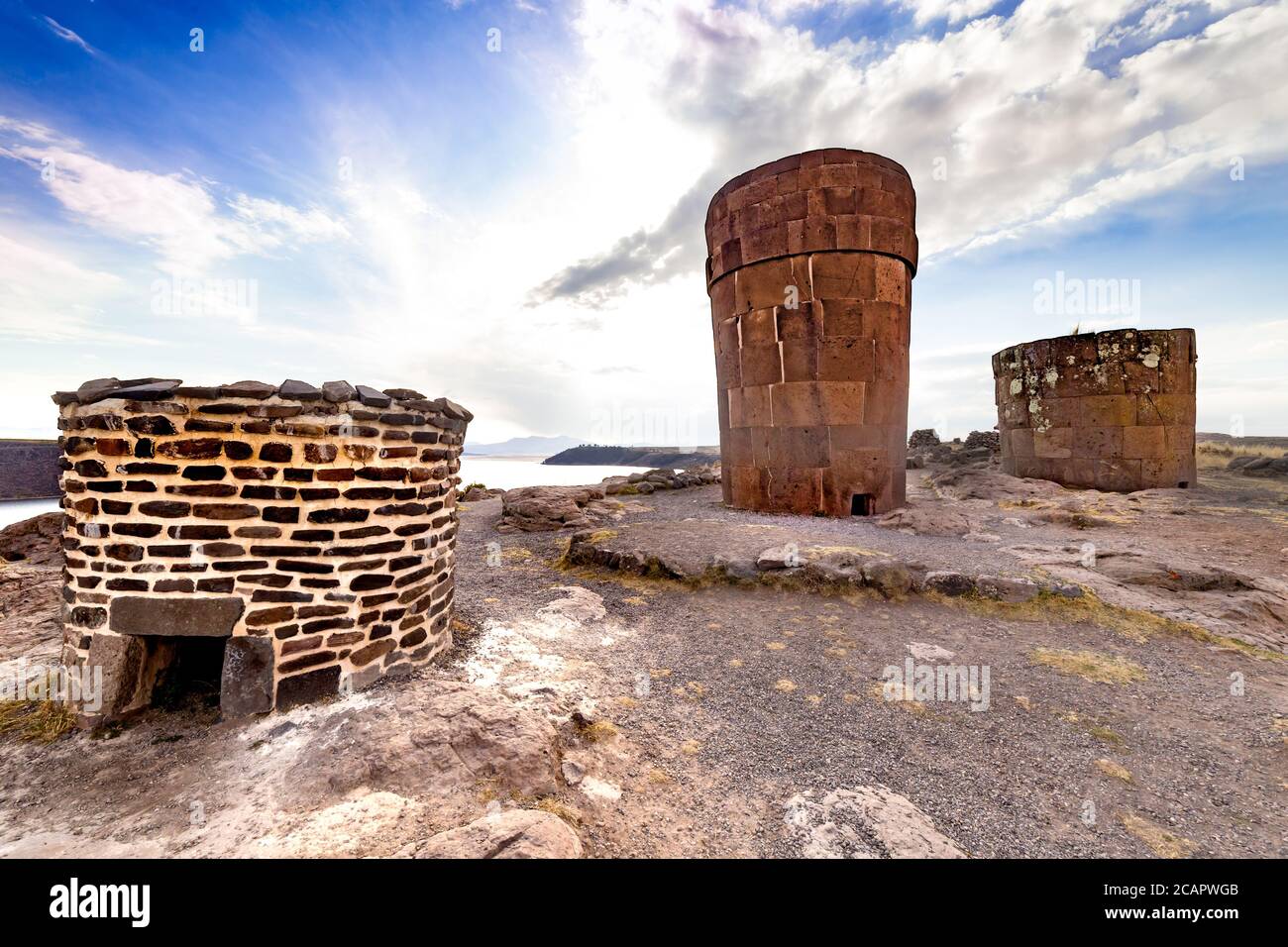 Burial Towers (Chullpas) at the archaelogical Site of Sillustani on the ...