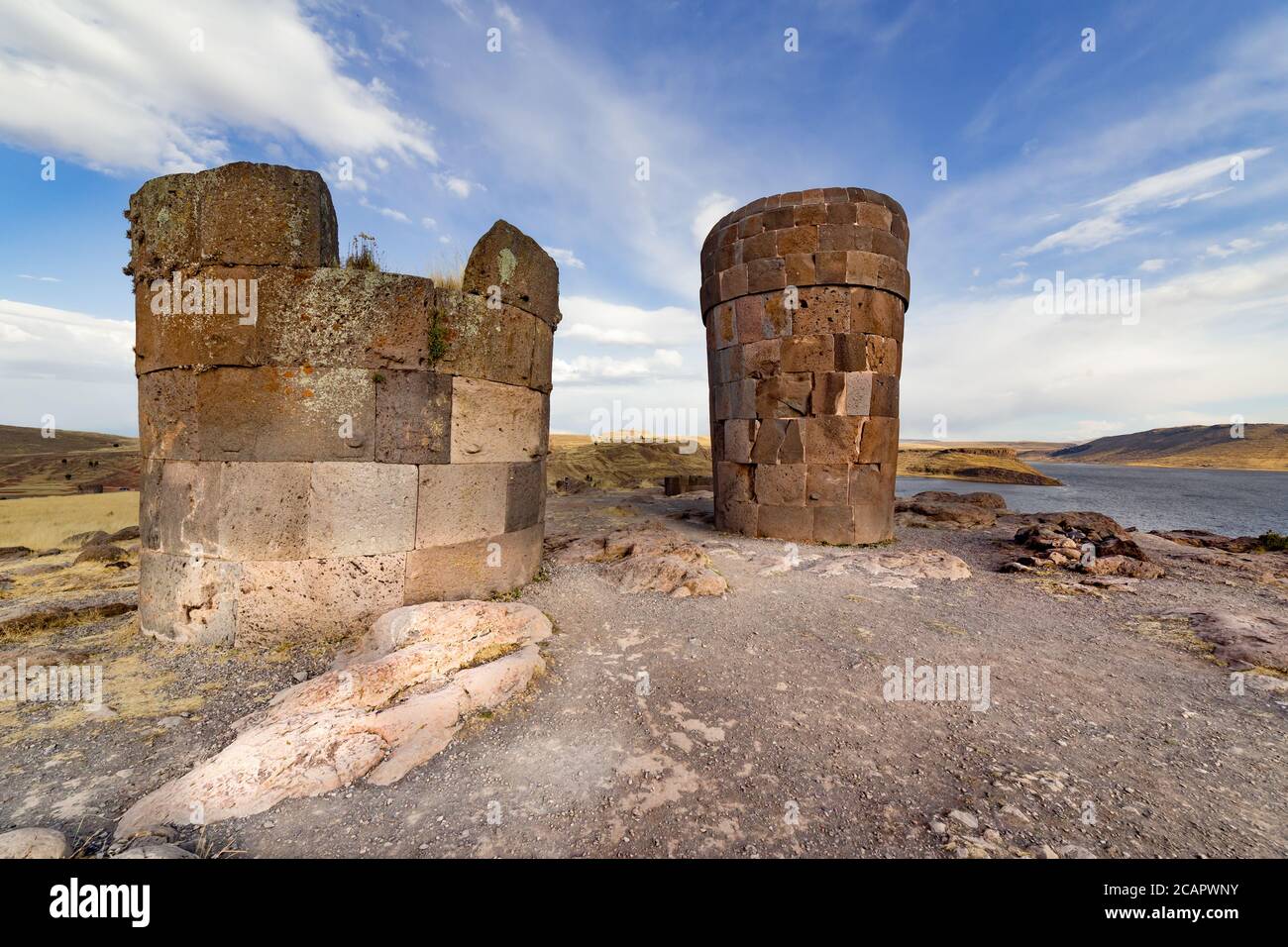Burial Towers (Chullpas) at the archaelogical Site of Sillustani on the ...