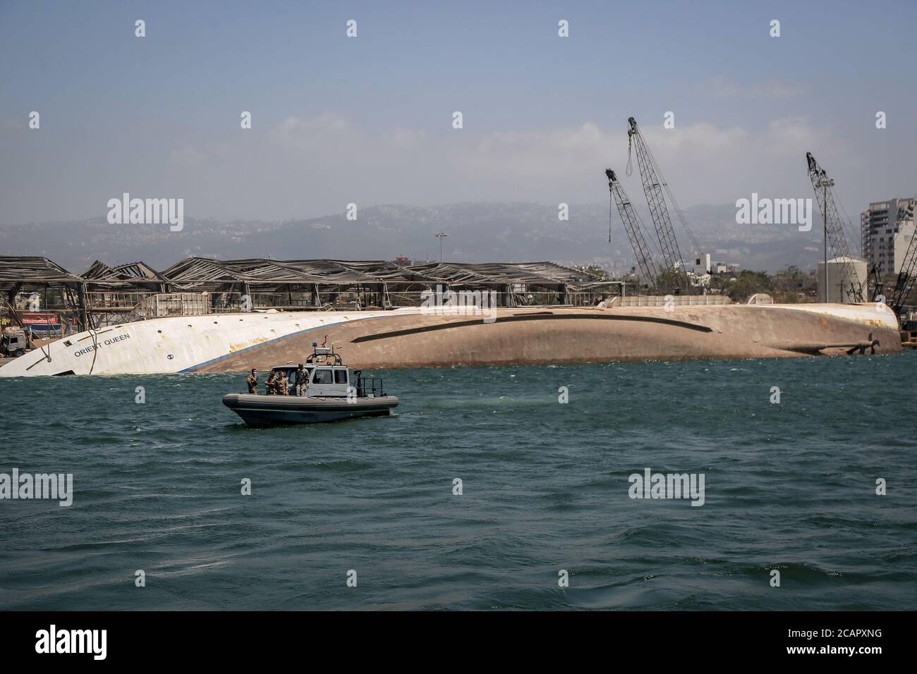 Beirut, Lebanon. 08th Aug, 2020. A Lebanese army speed boat sails in ...