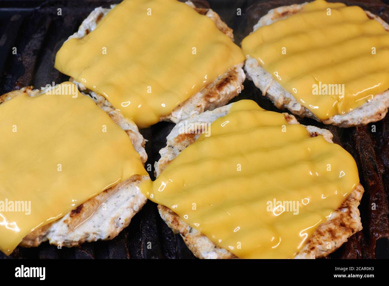 chicken cutlets for burgers with grilled cheese on top of close-up ...