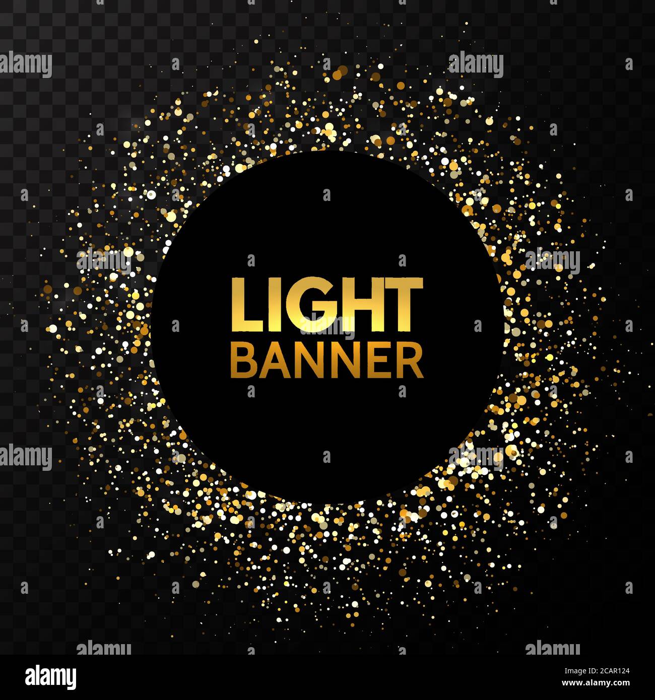 Glitter gold circle frame with space for text. Sparkling golden banner on black background ...