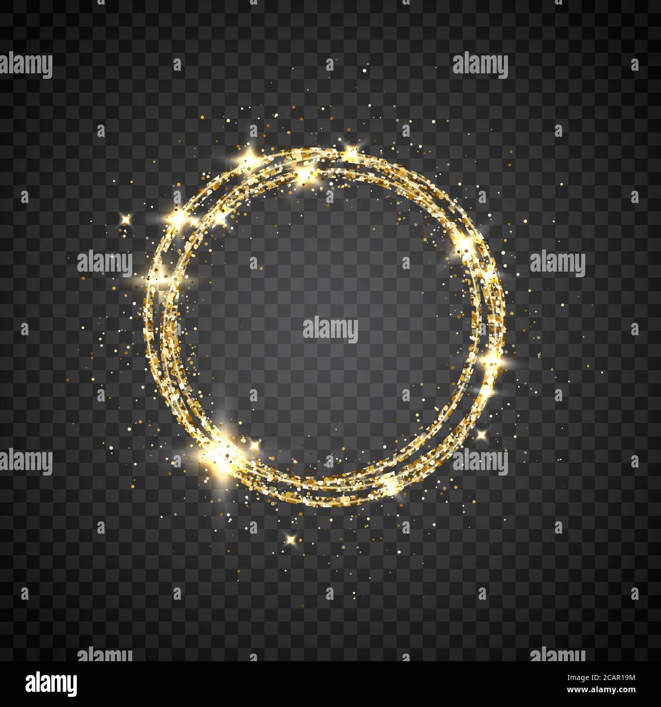 Glitter gold circle frame with space for text. Sparkling golden frame on transparent background ...