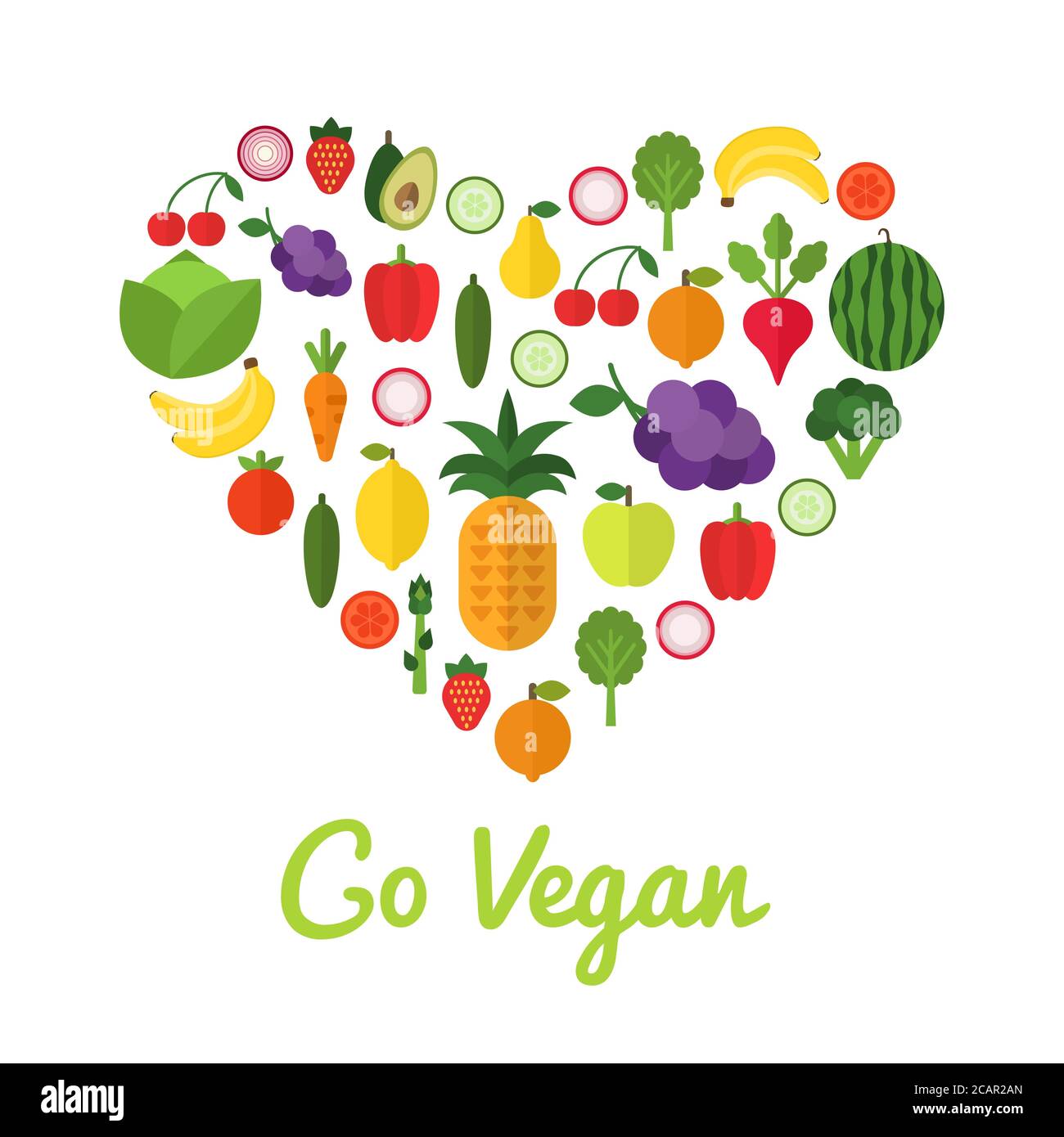 Healthy food concept. Go vegan design. Heart shape filled with ...