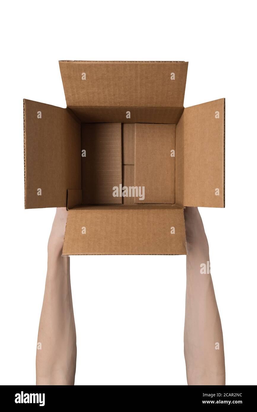 Empty open box in female hands. Service delivery concept. White ...