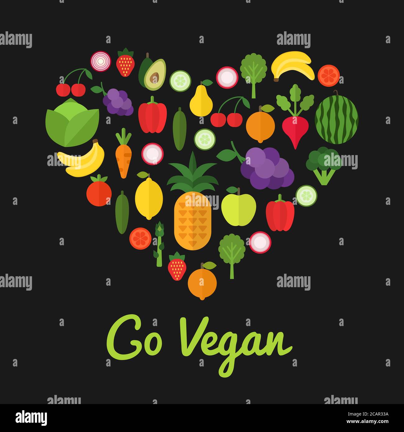 Go vegan design. Healthy food concept. Heart shape filled with ...