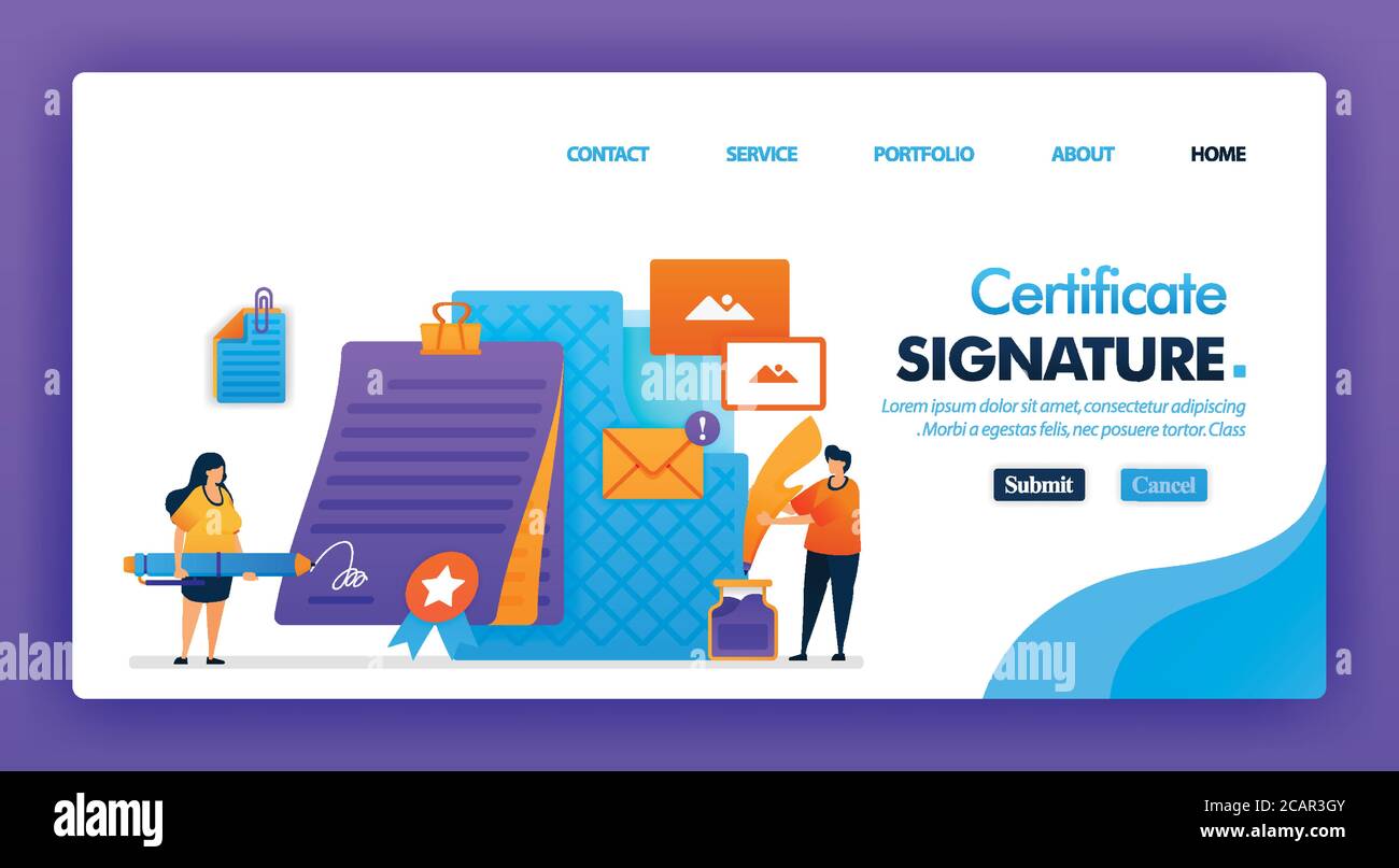 Signature certificate concept design for landing pages. flat cartoon ...