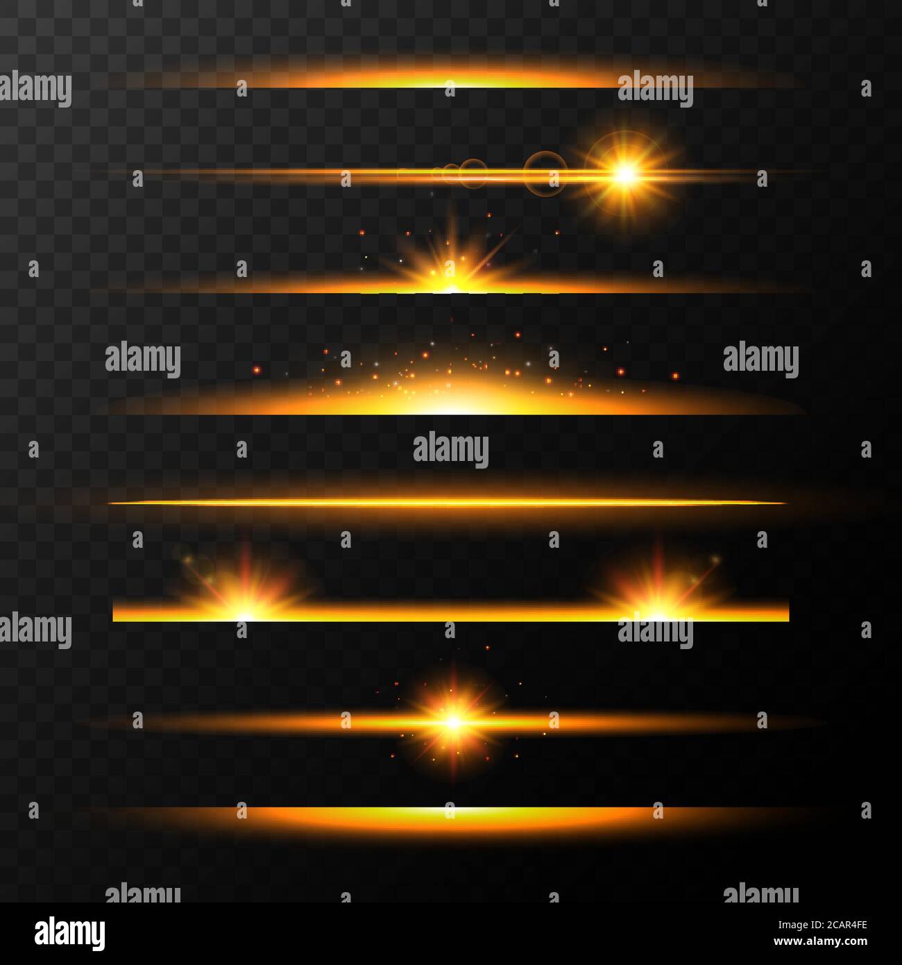Gold glowing lines with stars set. Shining line set. Golden realistic lens flare set. Collection ...