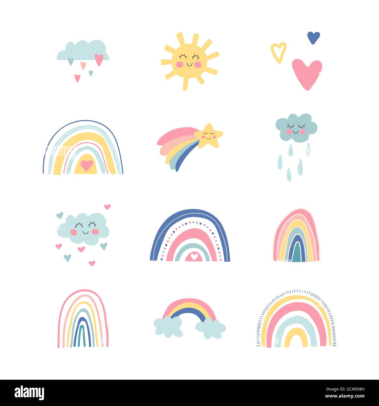Cute kids nursery set. Hand drawn rainbows, sun, funny clouds, stars ...