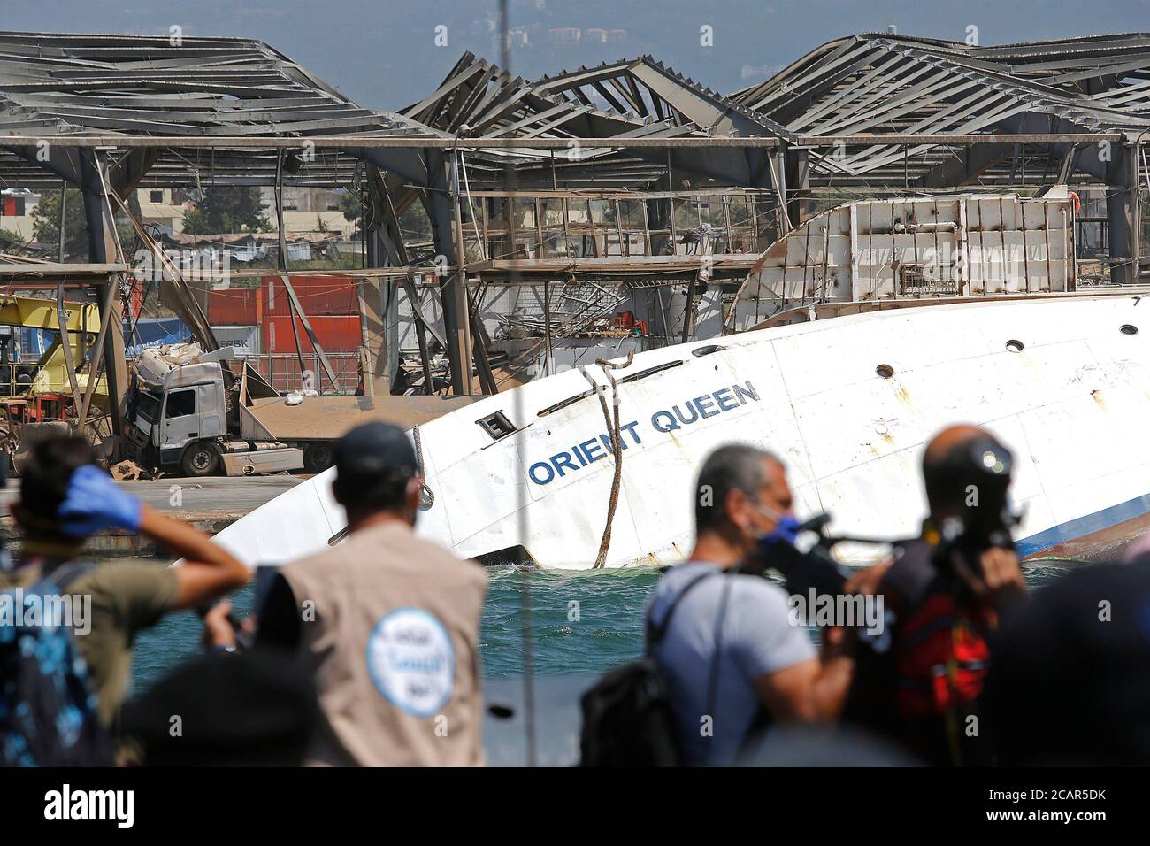 Beirut. 8th Aug, 2020. A damaged ship is seen at the Port of Beirut in ...