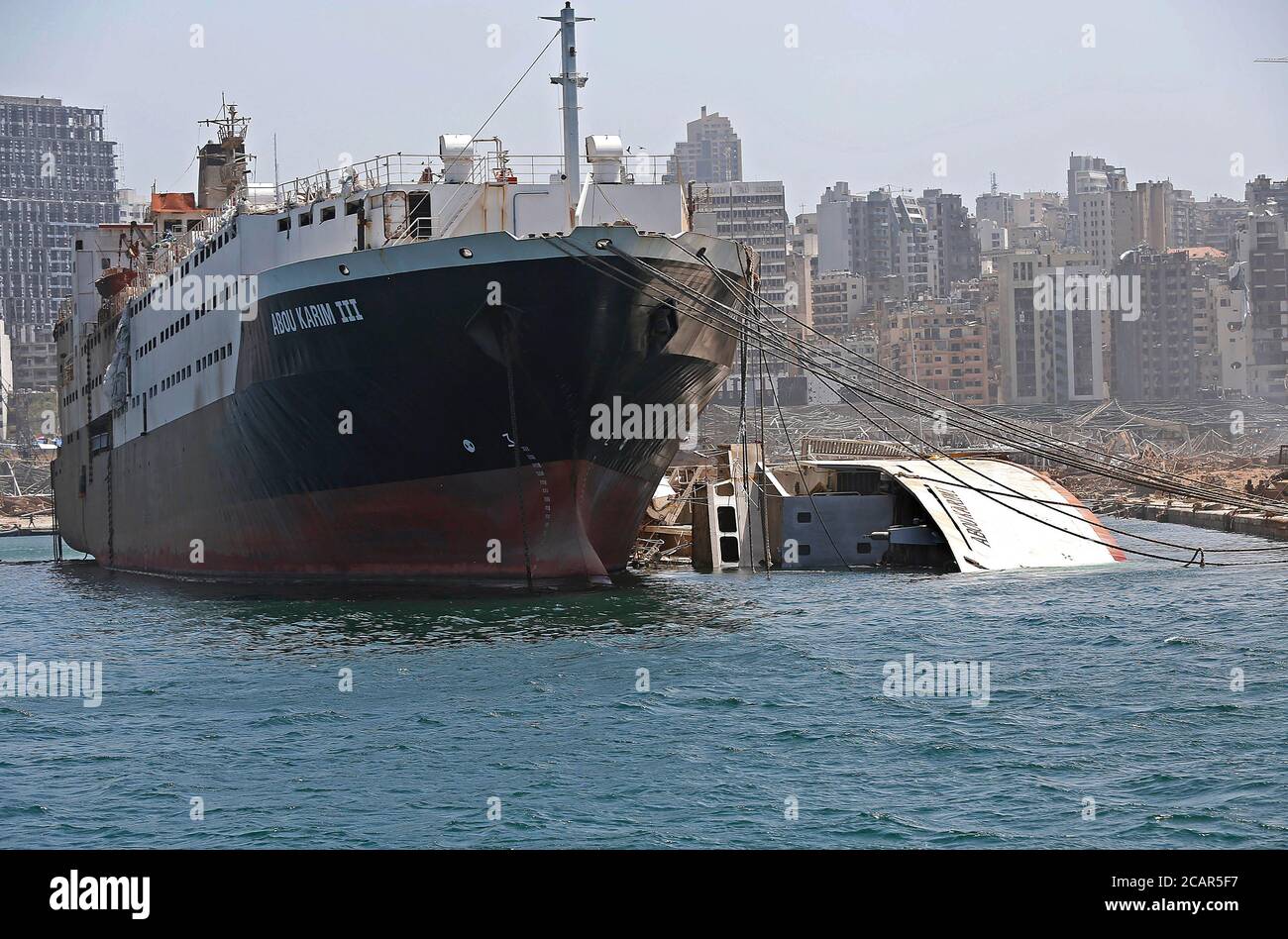 Beirut. 8th Aug, 2020. A damaged ship is seen at the Port of Beirut in ...