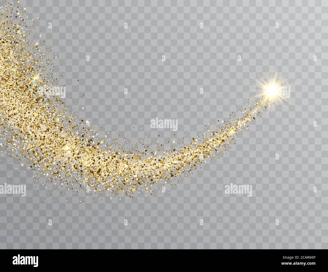 Star dust trail with glitter sparkling particles on transparent background. Gold glittering ...