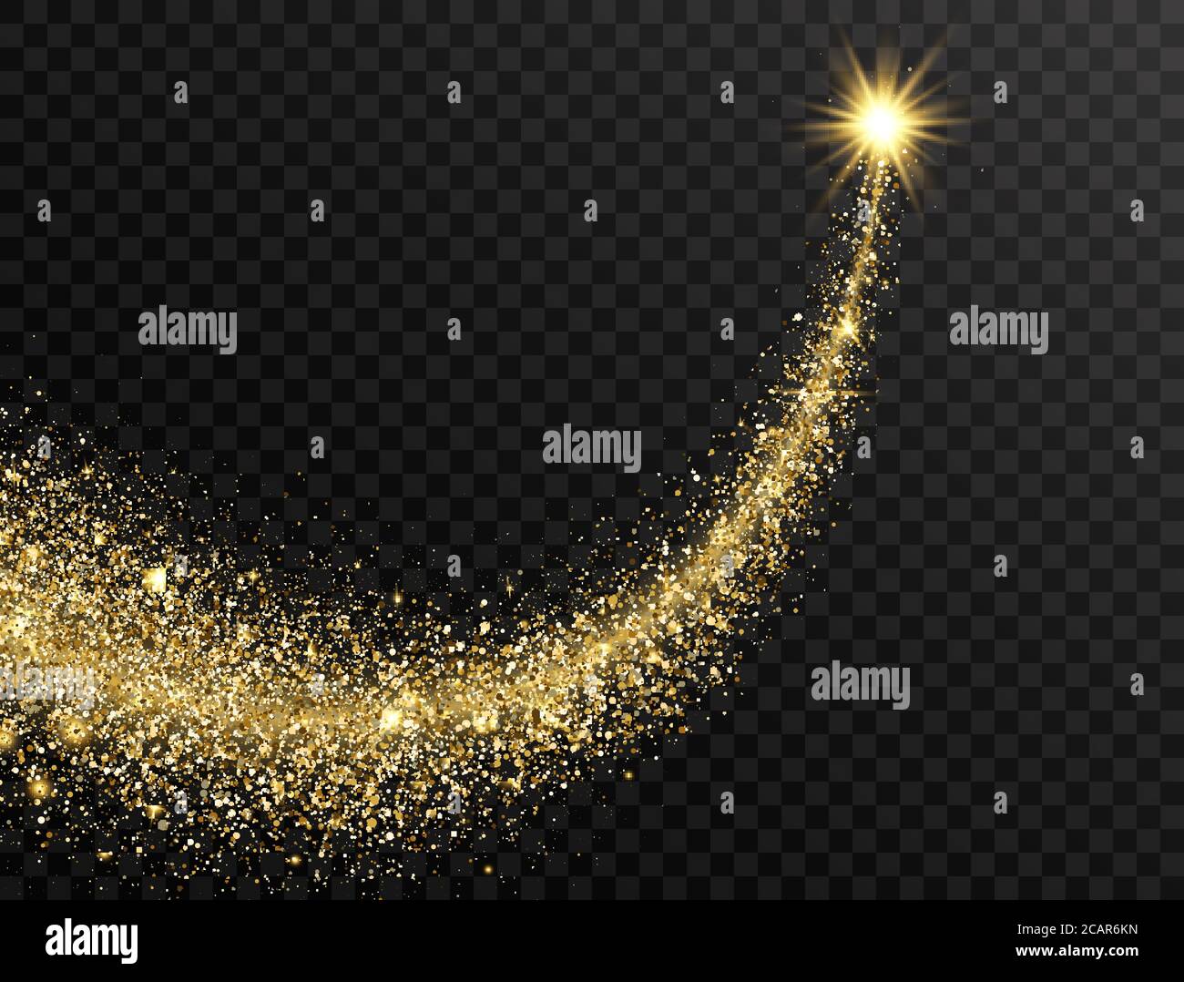 Star dust trail with glitter sparkling particles on transparent background. Gold glittering ...
