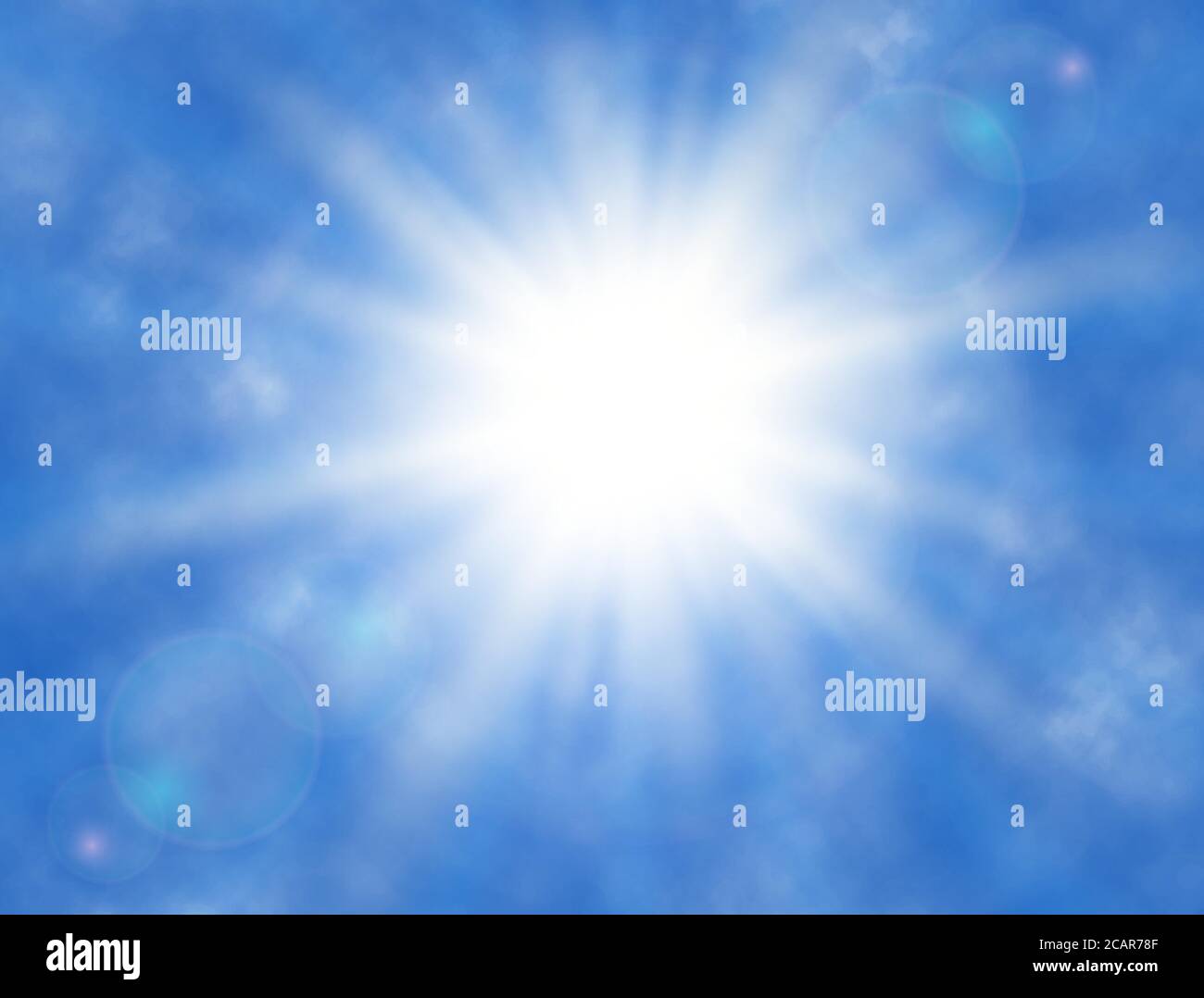 Sky background with clouds, shining sun, sun rays. Sunny background ...