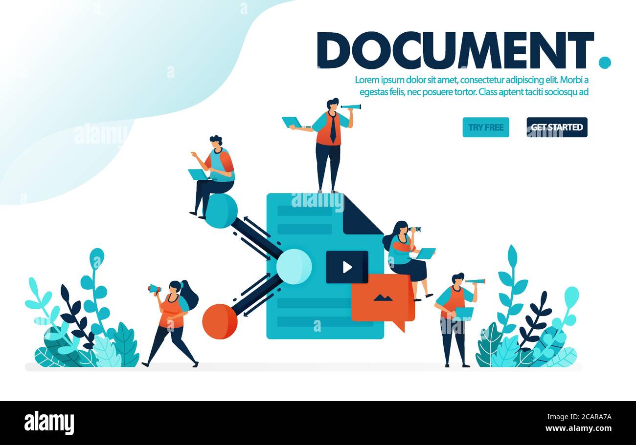 Vector illustration concept of document sharing. People share work ...