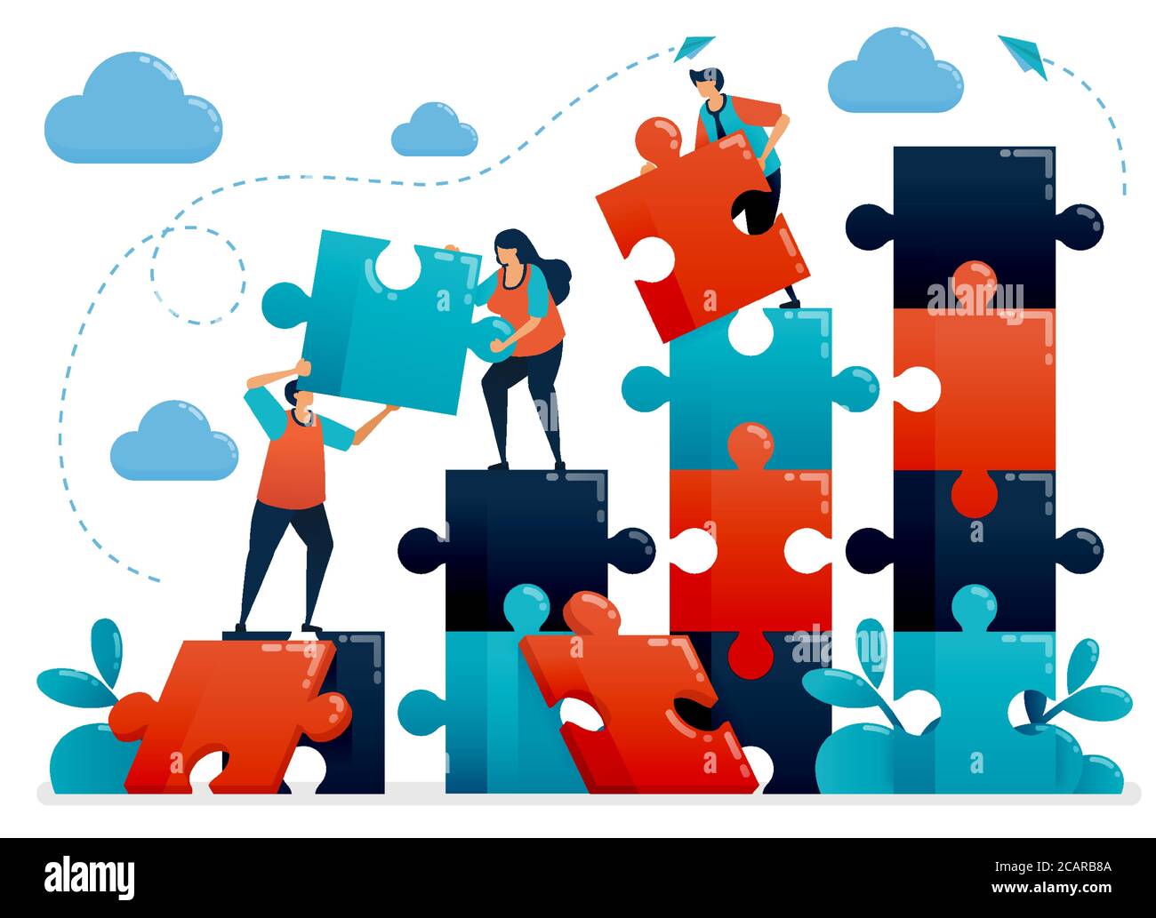 Teamwork and collaboration by solving puzzles. Metaphors understand business chart. Cooperate ...