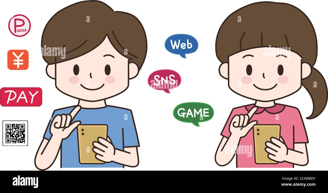 Cartoon boy and girl using smartphones for playing games, texting, etc ...