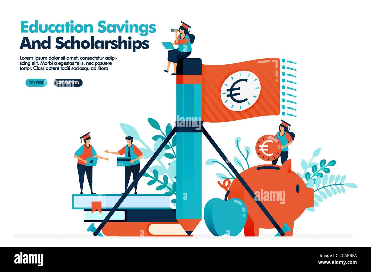 Vector illustration of people wave money flag with pencil. Saving money ...