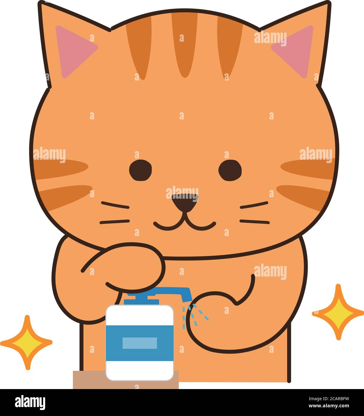 Tabby cat washing hands with sanitizer. Vector illustration isolated on ...