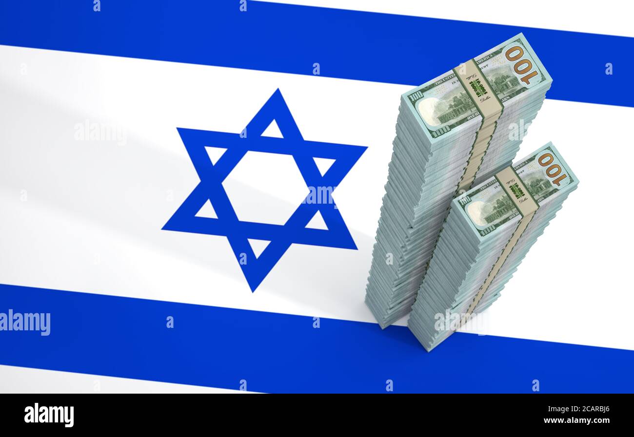 Stacks of 100 Dollar banknotes on Israel national flag. Copy Space on ...