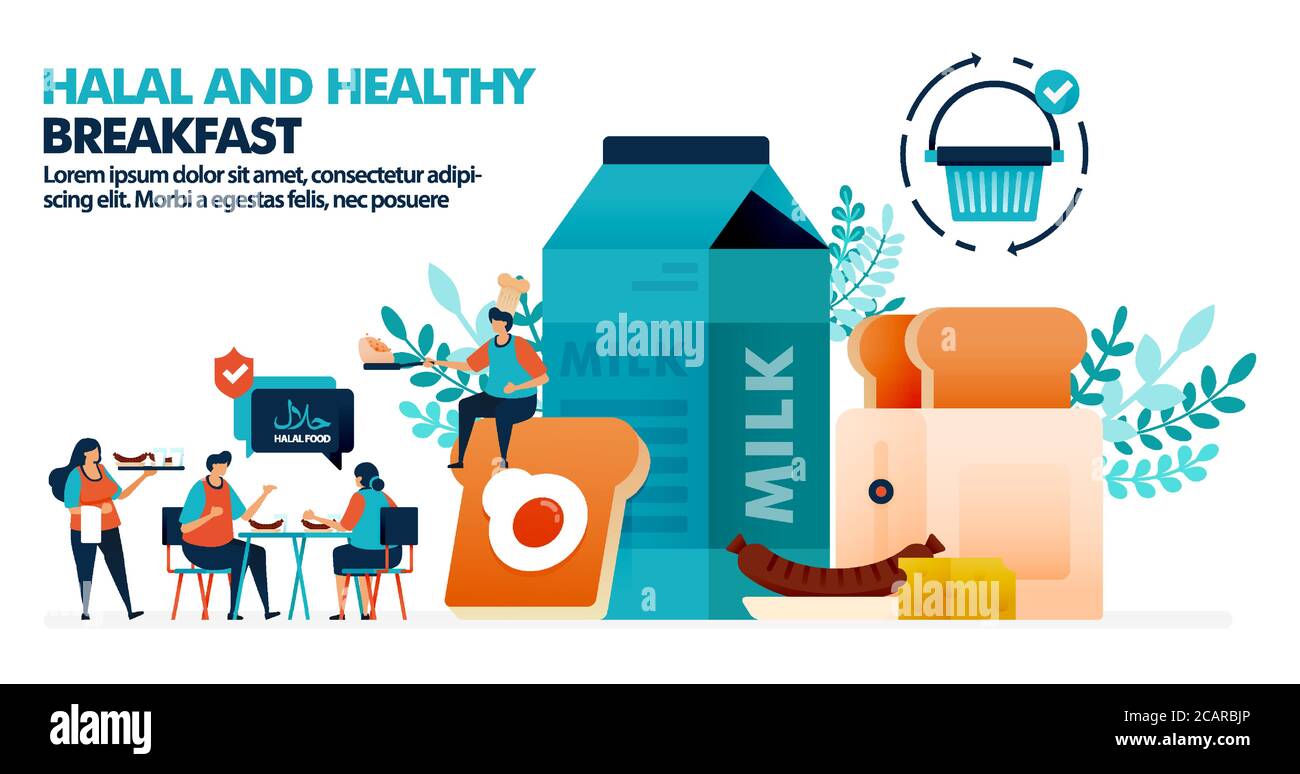 Vector illustration of people eating halal food for breakfast at dinner ...