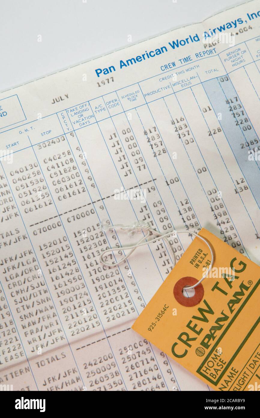 Pan American World Airways Crew Time Sheet, 1970s, USA Stock Photo - Alamy
