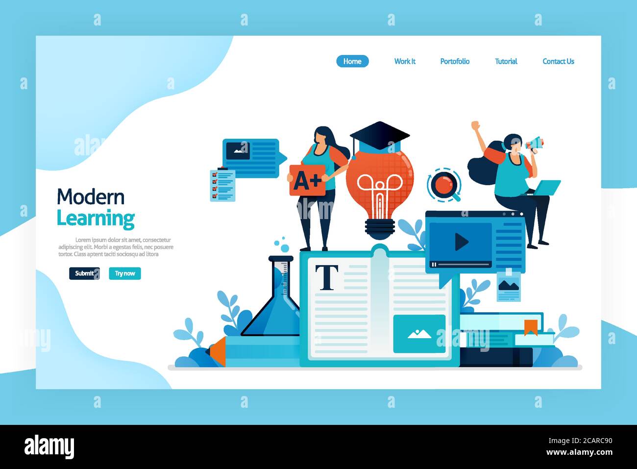 Landing page of modern learning. Educational process to acquiring idea, modifying knowledge ...