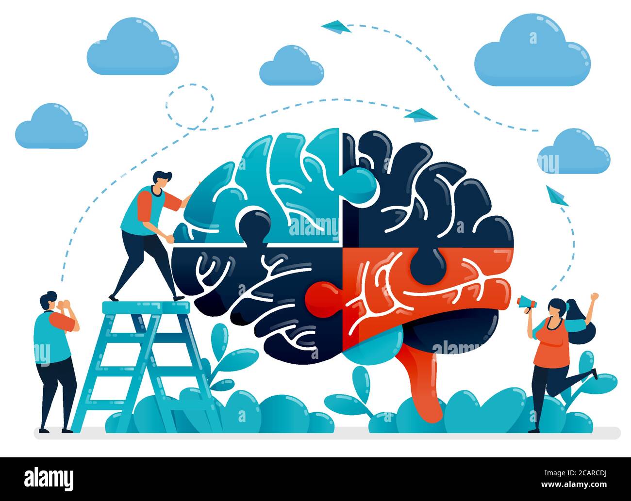 Brainstorming to solve brain puzzles. Metaphor for teamwork and ...