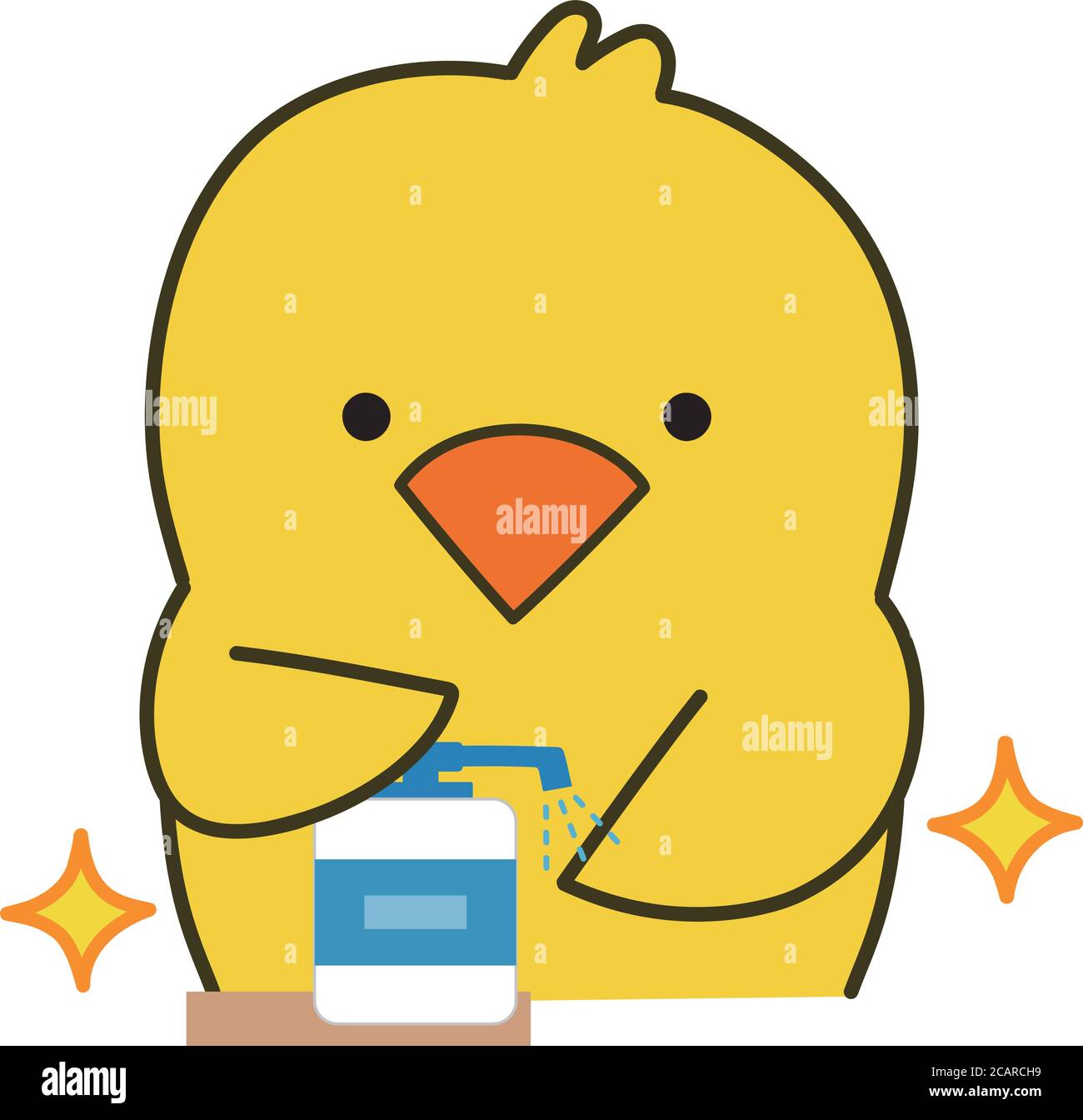 Chick washing his hands using hand sanitizer. Vector illustration ...