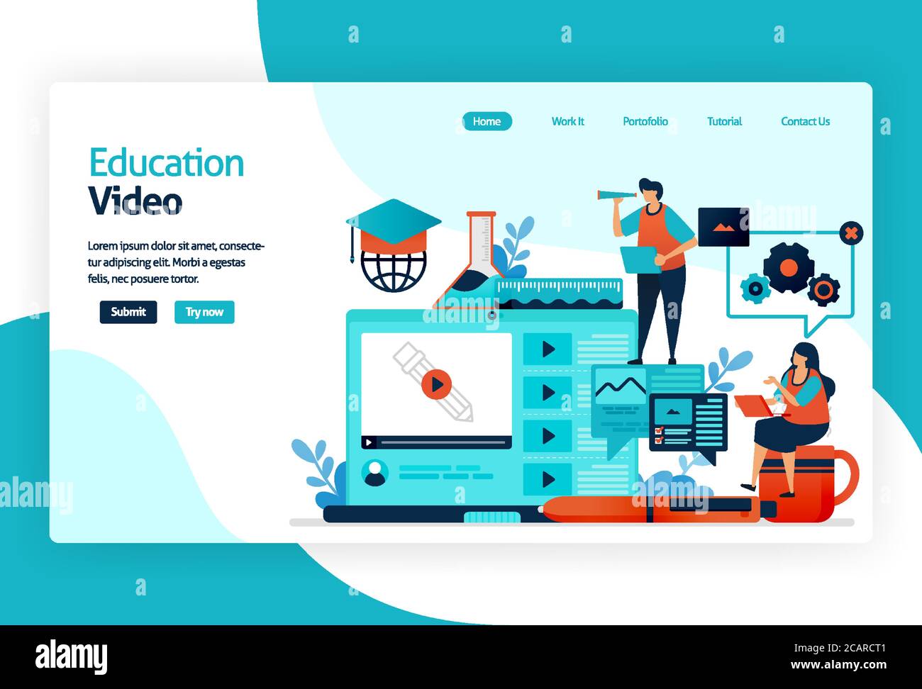 Illustration of landing page for education video. transferring ...