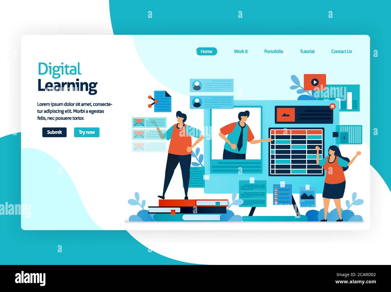 illustration of landing page for digital learning. learning by ...