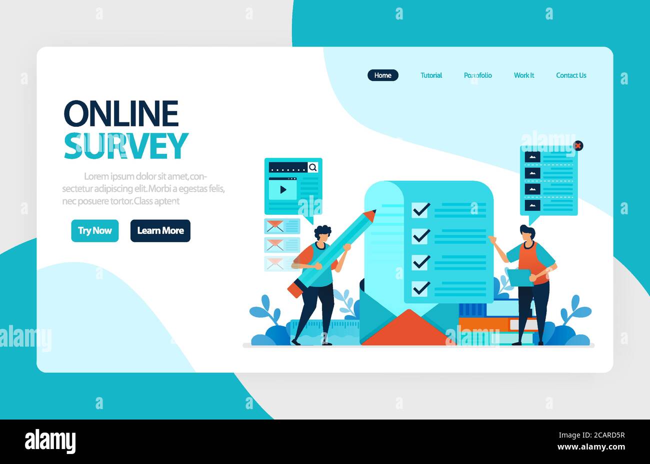 Landing page online survey. Exams Choices Flat character for learning ...
