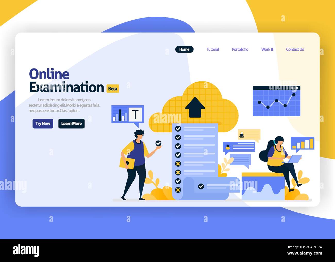 landing page vector flat design illustration of online exams with a ...