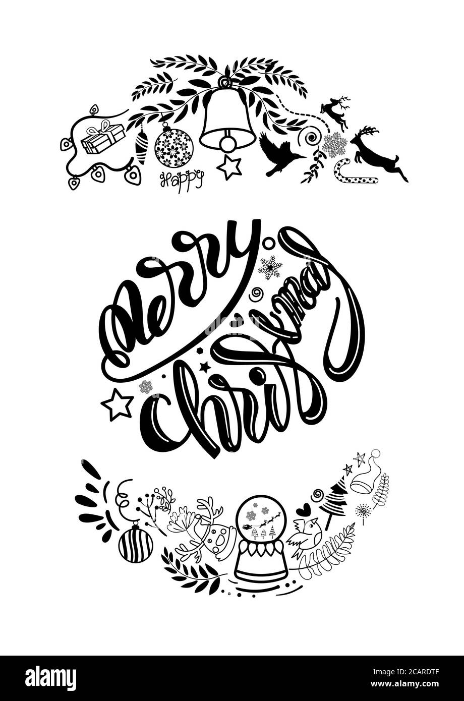 Merry Christmas hand drawn lettering with ornaments doodle for ...