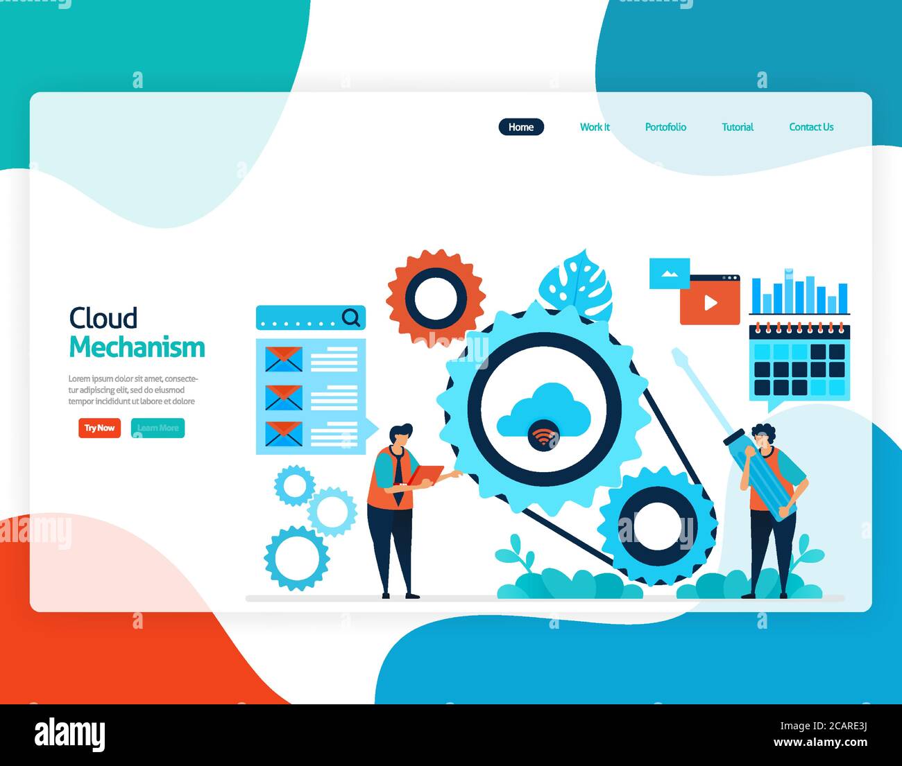 homepage landing page vector flat illustration of cloud mechanism ...