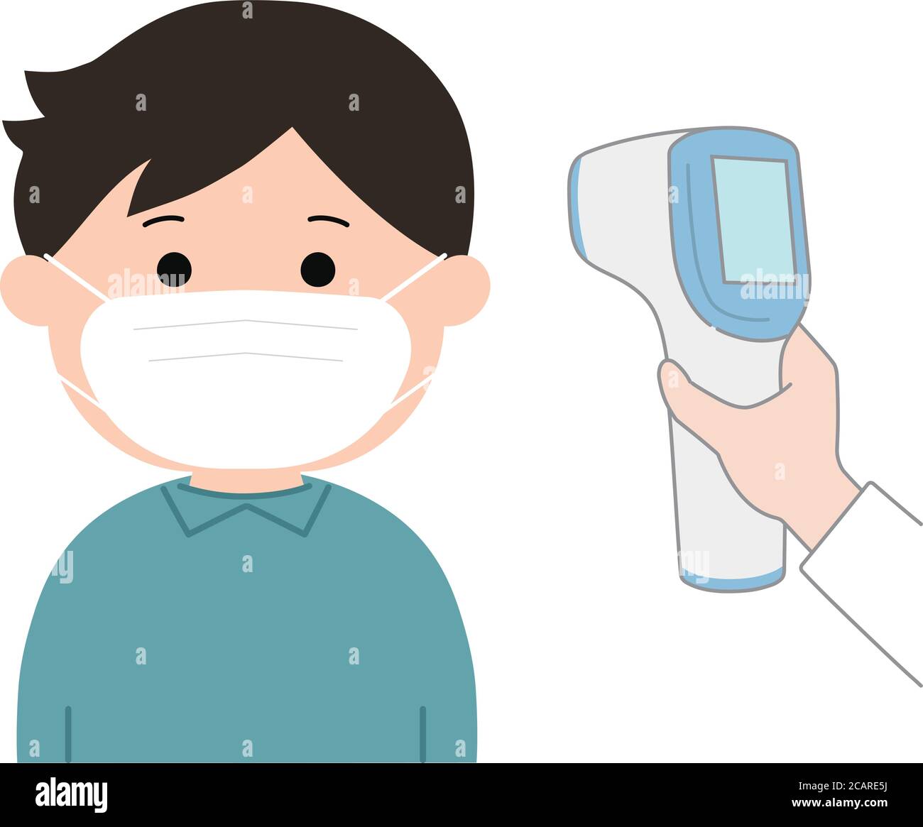 Nurse or doctor checks boy's body temperature using infrared forehead ...