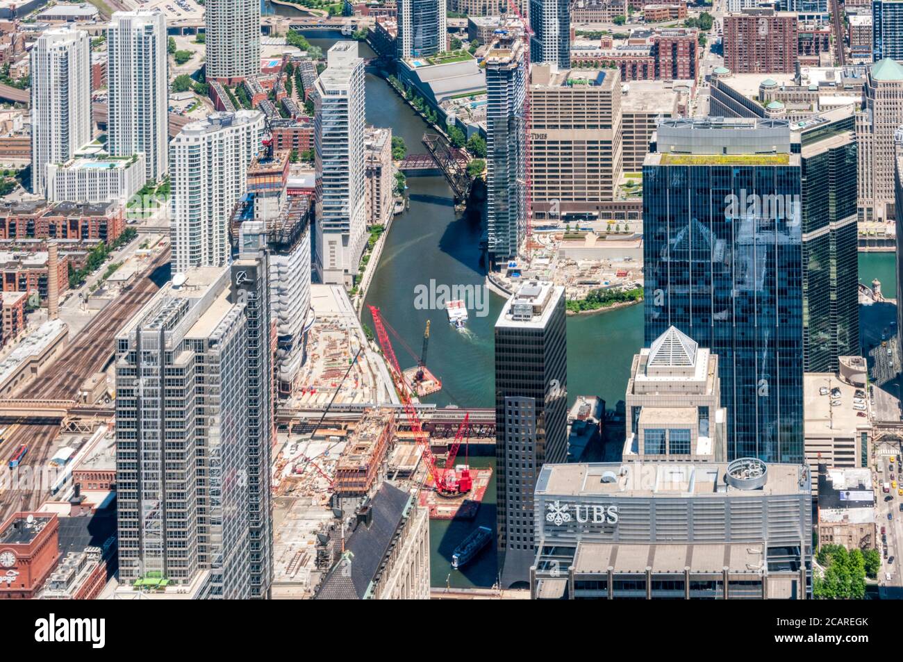Dense urban development of downtown Chicago with the Chicago River ...