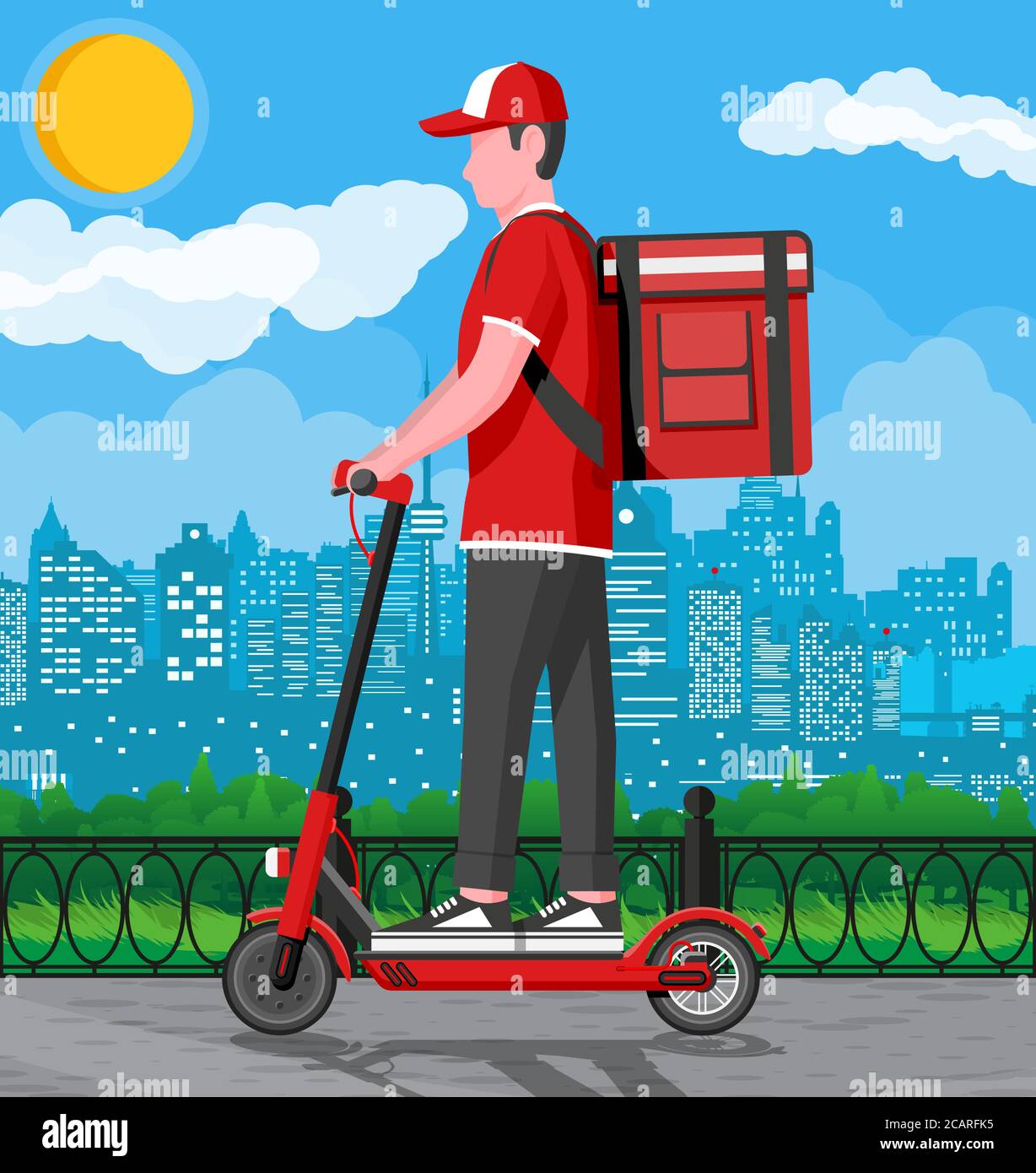 Delivery man riding kick scooter with the box. Concept of fast delivery ...