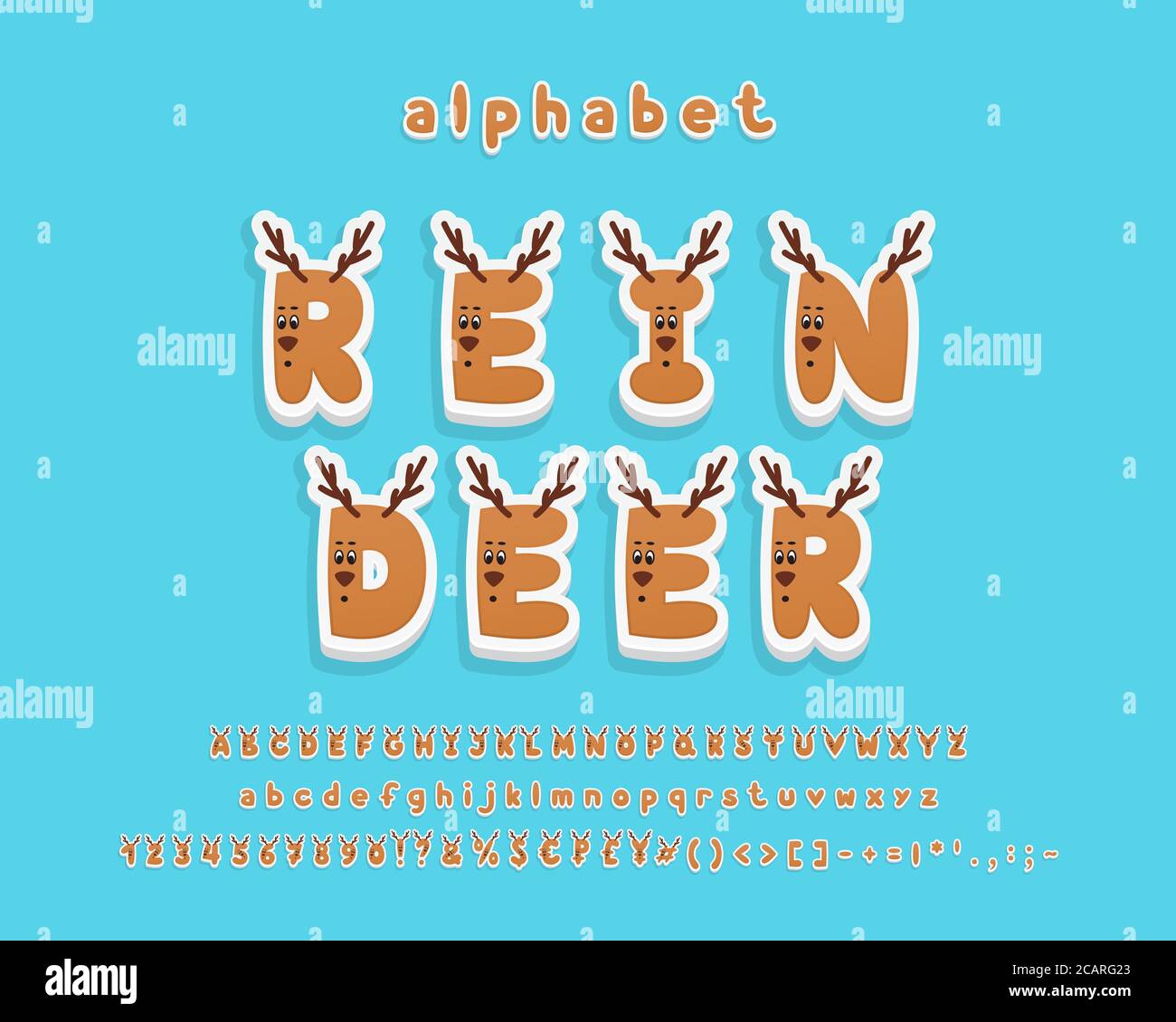 Cartoon reindeer alphabet. Funny sticker 3D vector typeface. Uppercase ...