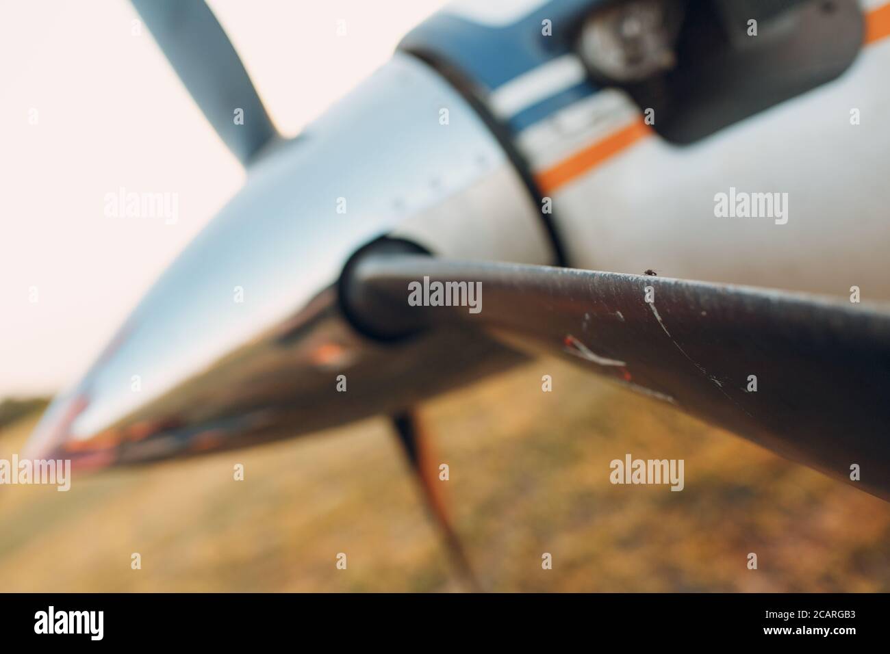 Small private single engine propeller airplane with fly on blade at ...